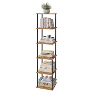 pobomuli 58" narrow bookshelf, 6-tier tall bookcase small space, corner book shelf slim storage display rack living room bedroom study office, rustic brown