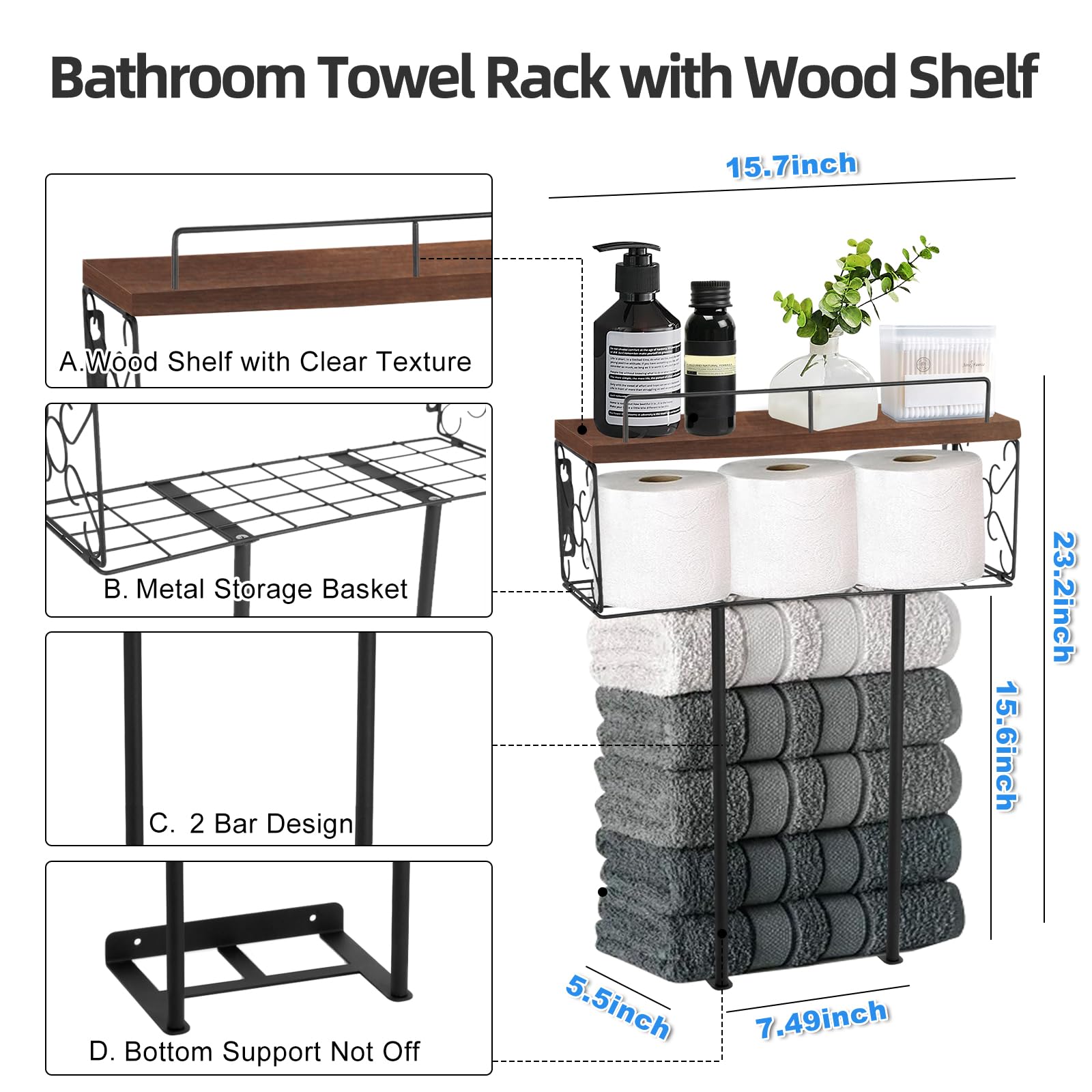 Towel Racks for Bathroom,Wall Mount Towel Holder with Natural Wood Shelf, Floating Shelves with Wire Basket, Towel Storage for 4 Rolled Towels, Space Saver, Multiple Storage, Rustic Wall Shelf Decor