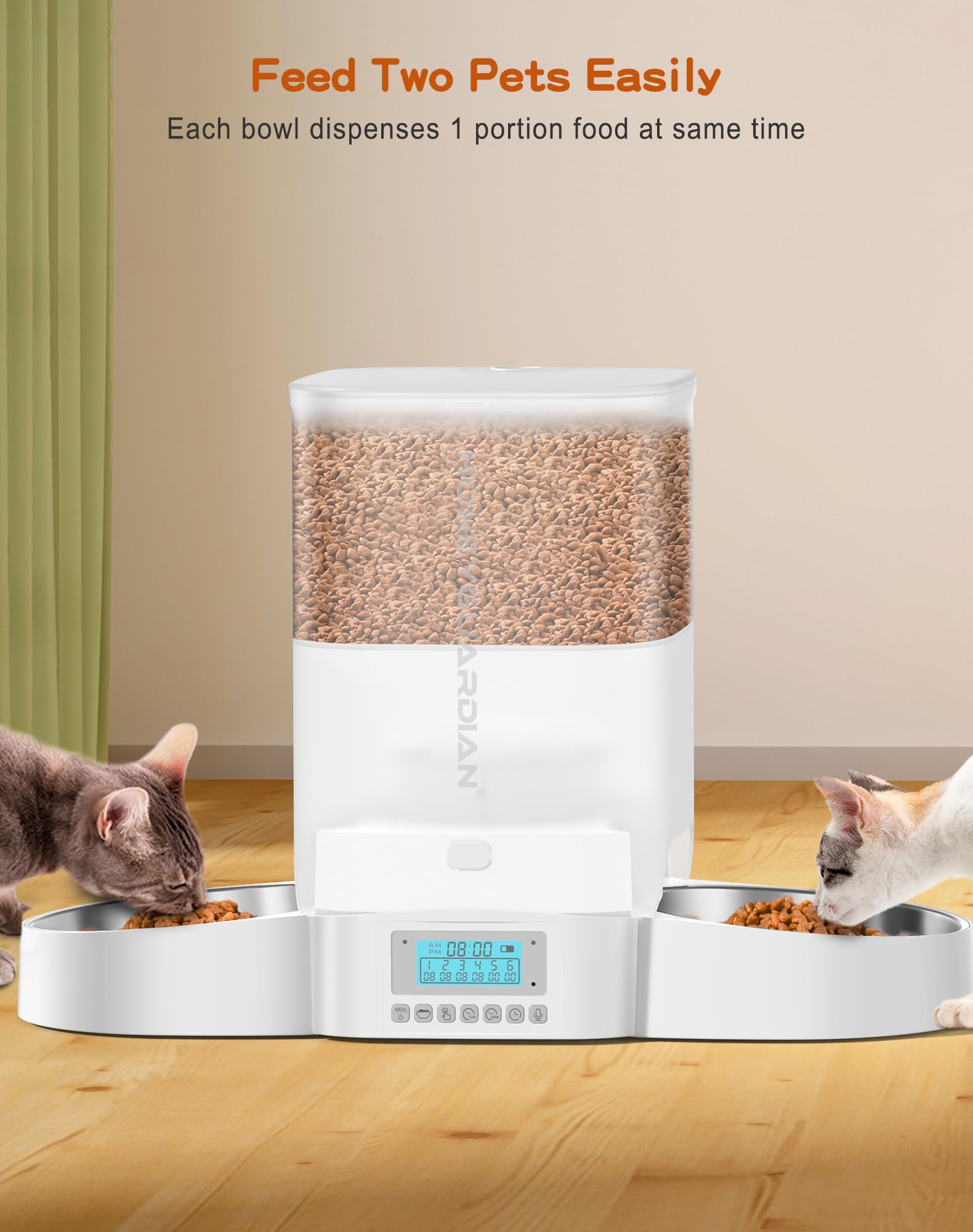 HoneyGuaridan Automatic Cat Feeder for Two Cats,3.5L Cat Food Dispenser with Stainless Steel Bowl,Timed Cat Feeder Programmable 1-6 Meals Control, Dual Power Supply,Desiccant Bag,10s Meal Call Whit