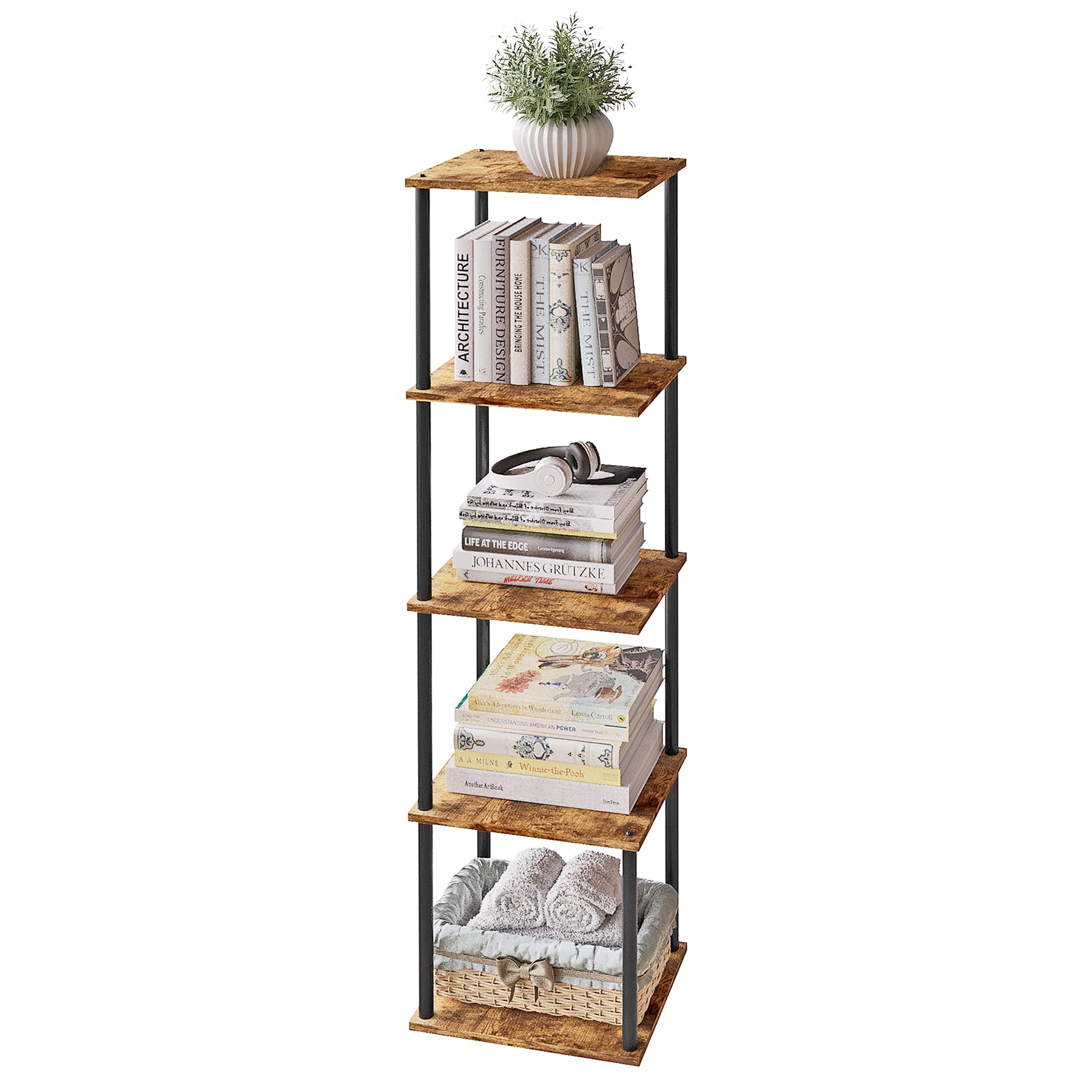 POBOMULI 46" Narrow Bookshelf, 5-Tier Tall Bookcase Small Space, Corner Book Shelf Slim Storage Display Rack Living Room Bedroom Study Office, Rustic Brown