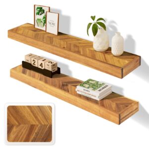 howizz 36" acacia chevron floating shelves set of 2 - wall mounted wooden shelf for stylish home décor - natural color - 36x6.7x1.5 inches