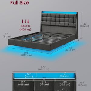 VASAGLE Full Size Floating Bed Frame with LED Lights, Full Bed Frame with Charging Station, Tufted Storage Headboard, Upholstered Platform Bed Frame, No Box Spring Needed, Dark Gray URMB852G71