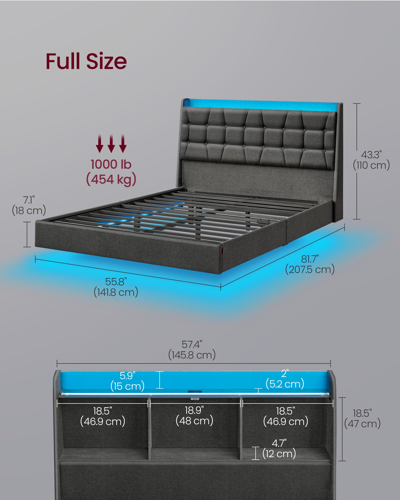 VASAGLE Full Size Floating Bed Frame with LED Lights, Full Bed Frame with Charging Station, Tufted Storage Headboard, Upholstered Platform Bed Frame, No Box Spring Needed, Dark Gray URMB852G71