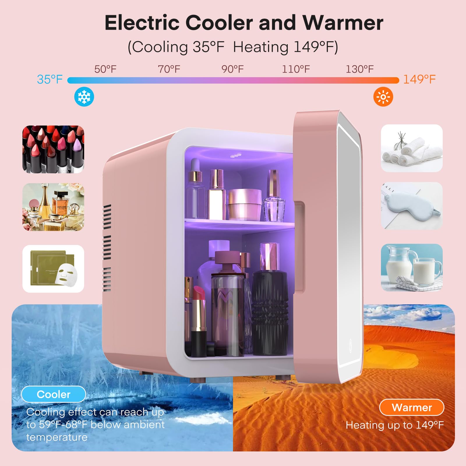 Skincare Makeup Fridge With Dimmable LED Light Mirror, 4L Portable Makeup Mini Fridge Cooler and Warmer for Bedroom, Car, Dorm, Office, Small Beauty Refrigerator for Cosmetics, Skin Care