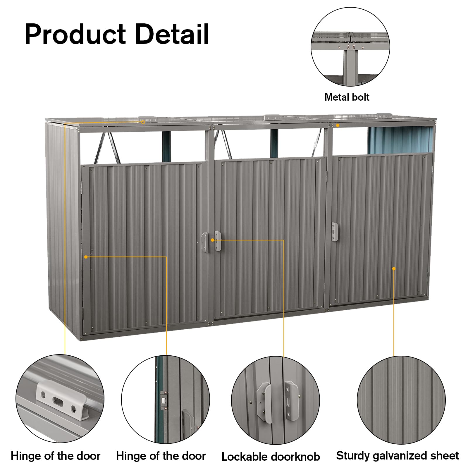 Garbage Bin Shed Stores 3 Trash Cans - Outdoor Metal Bin Storage for Garden, Yard, and Lawn - Stainless Galvanized Steel with Easy Access Lids and Doors - Bin Hider for Trash Can Organization