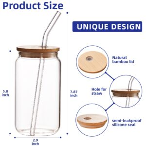 Mzowgzk 6pcs Set-16oz, Glass Cups with Bamboo Lids and Glass Straw - Beer Can Shaped,CuteTumbler Cup,Soda,deal for Cocktail,Iced Coffee Cups,6 Cleaning Brushes glass cups with lids and straws