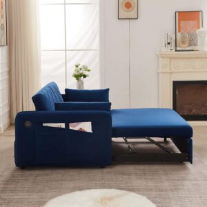 Antetek Sleeper Sofa Bed w/USB Port, Modern 3-in-1 Convertible Upholstered Velvet Loveseat Sofa w/Pull Out Bed, Small Futon Couch with Adjustable Backrest for Living Room Small Space Apartment, Blue