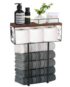 towel racks for bathroom,wall mount towel holder with natural wood shelf, floating shelves with wire basket, towel storage for 4 rolled towels, space saver, multiple storage, rustic wall shelf decor