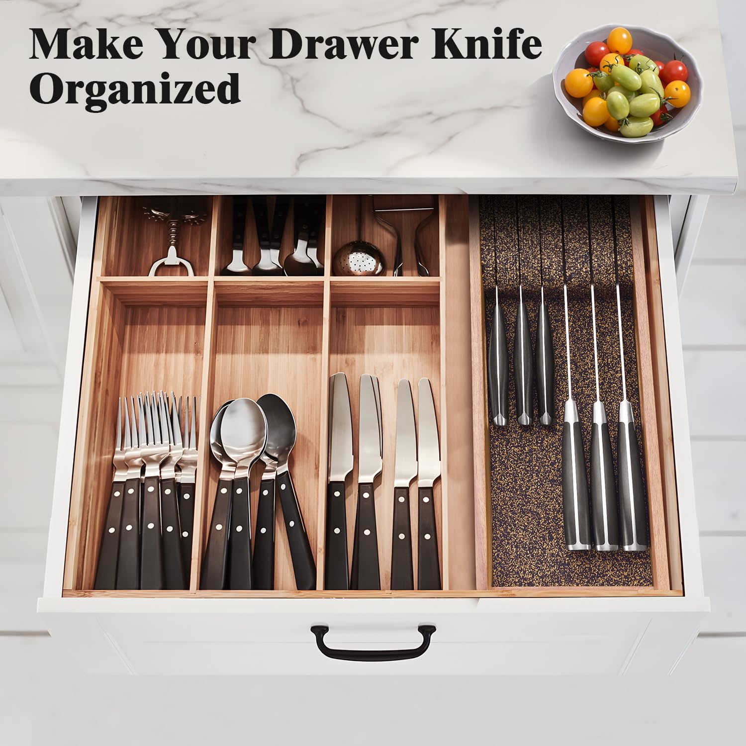 Enoking Knife Drawer Organizer Insert, In Drawer Knife Block, Acacia Wood Knife Holder with Cork Dividers For Kitchen Chef Steak Knife Storage Keep Drawer Tidy