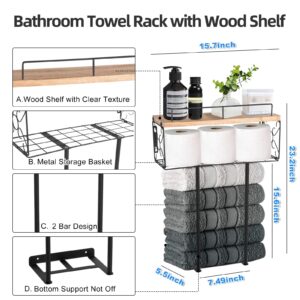 Wall Mounted Towel Racks for Bathroom, Natural Wood Shelf-Metal Basket Set, Black Bath Wall Towel Holder, Towel Storage Organizer for Small Bathroom, Tiered Vertical Storage Rack for RVs,Camper,Toilet