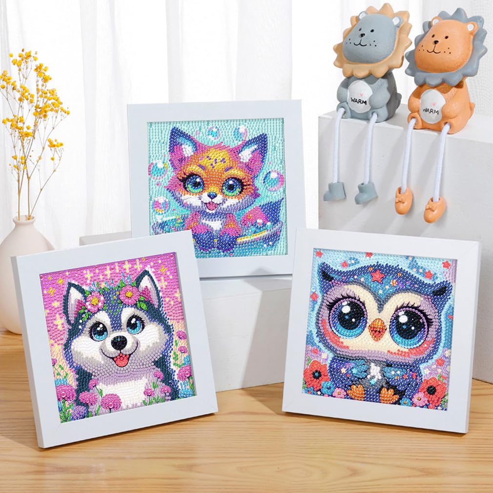 4 Pack Diamond Art Kits for Kids, Cartoon Animals Diamond Painting Kits for Kids Beginners, Kids' Mosaic Kits DIY Full Drill Diamond Dots Painting Picture Arts Craft for Home Wall Decor 6x6 Inch