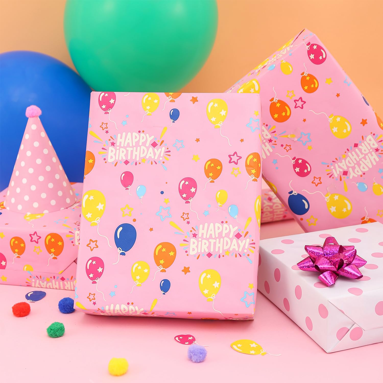 AUCLAY Reversible Birthday Wrapping Paper for Girls Kids Baby Shower - Cute Happy Birthday Lettering Balloon in Pink and Polka Dots Design - Gift Wrap Paper Roll, 17.7 Inch Wide