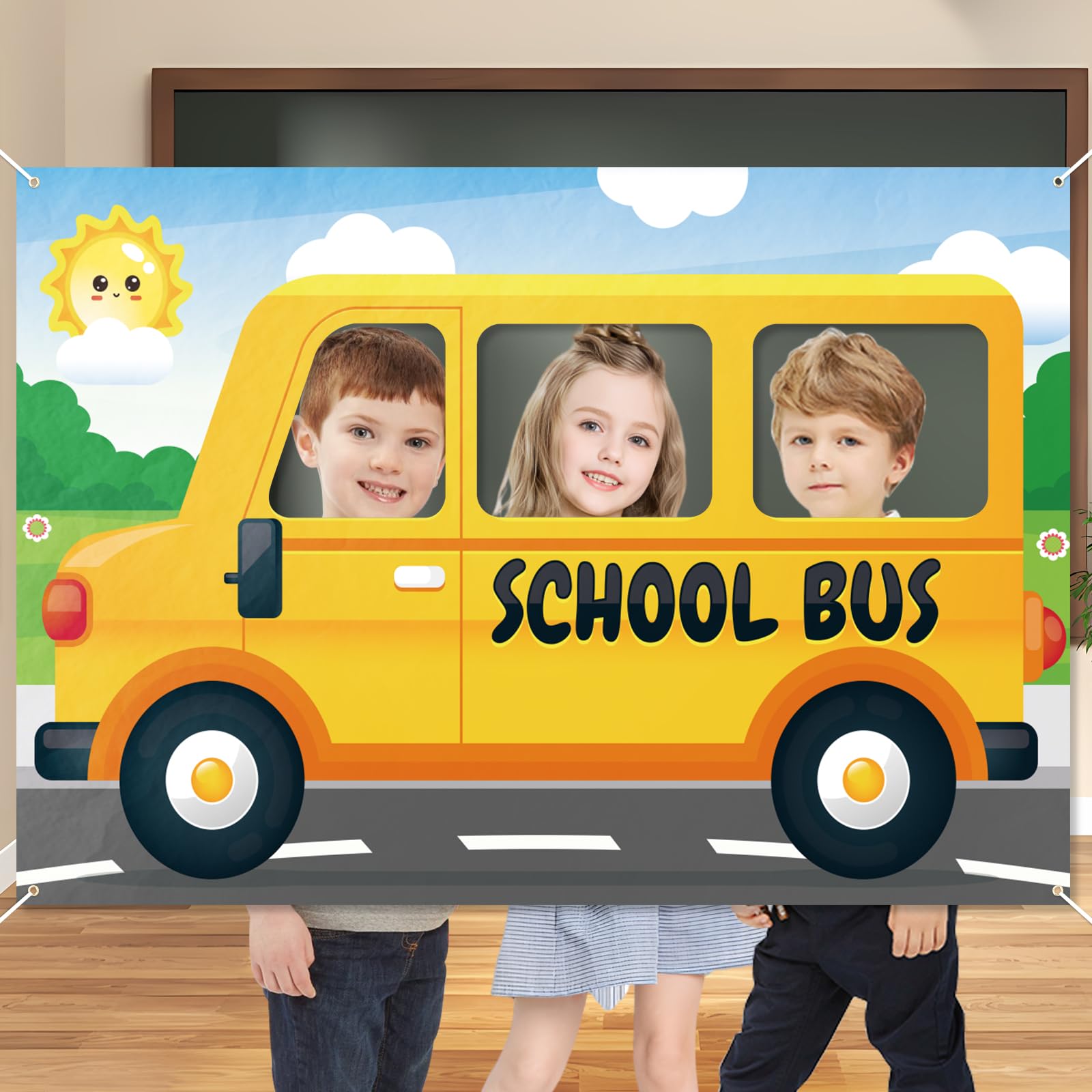 School Bus Photo Prop Selfie Frame Fabric Back to School First Day of School Background Banner Birthday Party Supplies The Bus Party Sign Decor, 59 x 41in