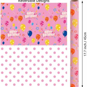 AUCLAY Reversible Birthday Wrapping Paper for Girls Kids Baby Shower - Cute Happy Birthday Lettering Balloon in Pink and Polka Dots Design - Gift Wrap Paper Roll, 17.7 Inch Wide