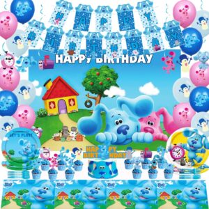 blues birthday party supplies decorations, include banner, balloons, hanging swirls, backdrop, tablecloth, cake topper, plates, knives, forks, spoons for blues themed party