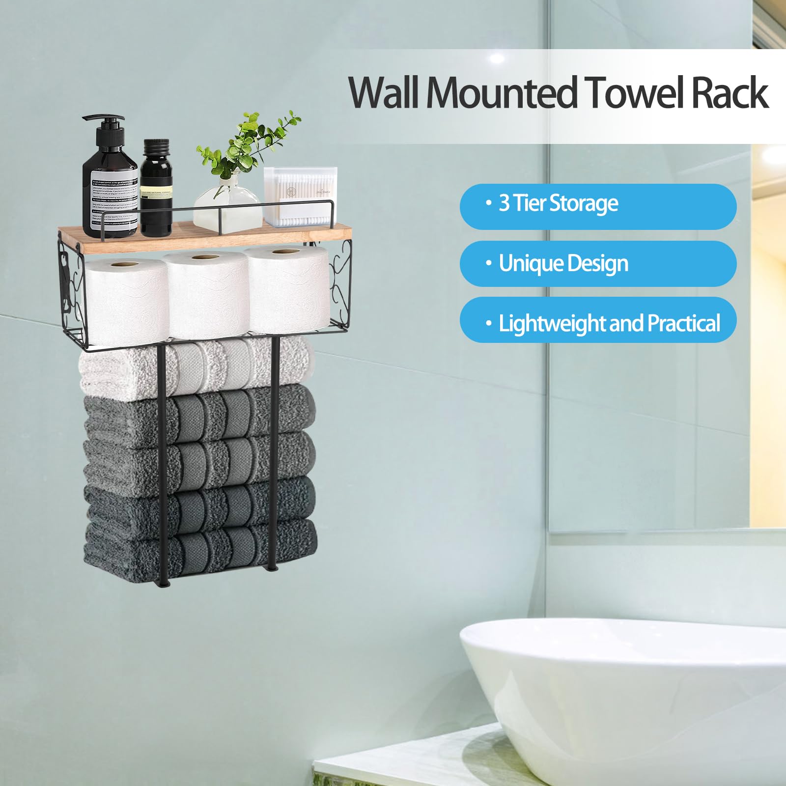 Wall Mounted Towel Racks for Bathroom, Natural Wood Shelf-Metal Basket Set, Black Bath Wall Towel Holder, Towel Storage Organizer for Small Bathroom, Tiered Vertical Storage Rack for RVs,Camper,Toilet