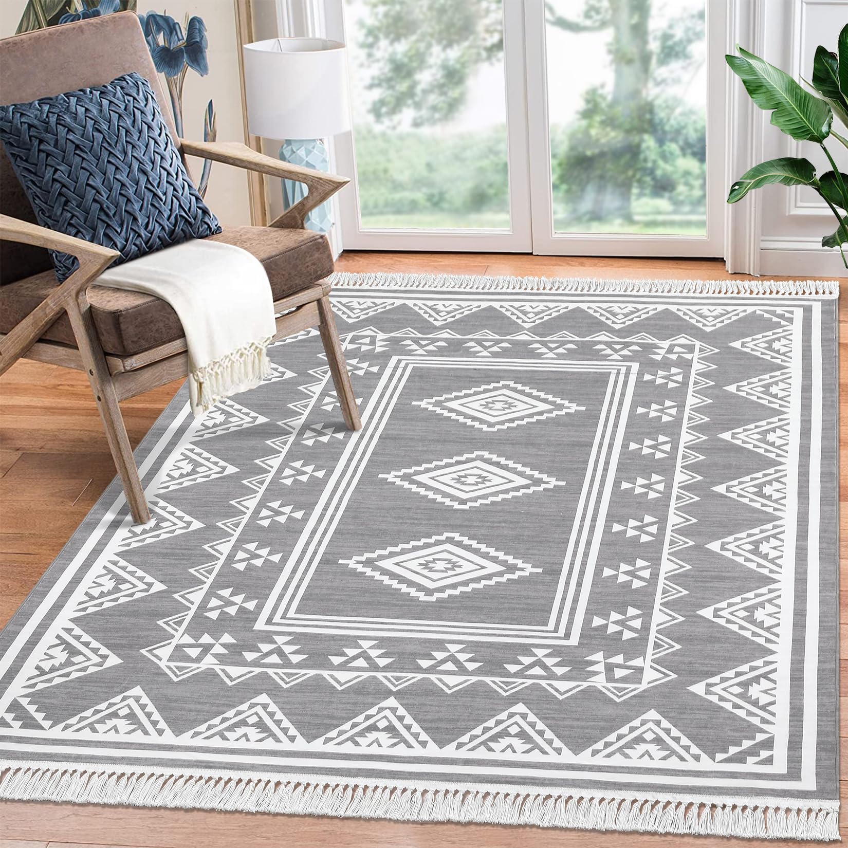 GarveeHome 8x10 Washable Rug Boho Accent Throw Floor Cover Farmhouse Bordered Area Rug Non Slip Low Pile Indoor Bohemian Area Rug Large Living Room Moroccan Rug Dining Room Bedroom Rug Carpet, Grey