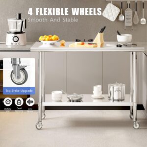 Food Prep Stainless Steel Table, Commercial Workbench with Caster Wheel, Heavy Duty Food Prep Worktable for Restaurant, Home and Hotel, Sliver (24" x 48" x 35")