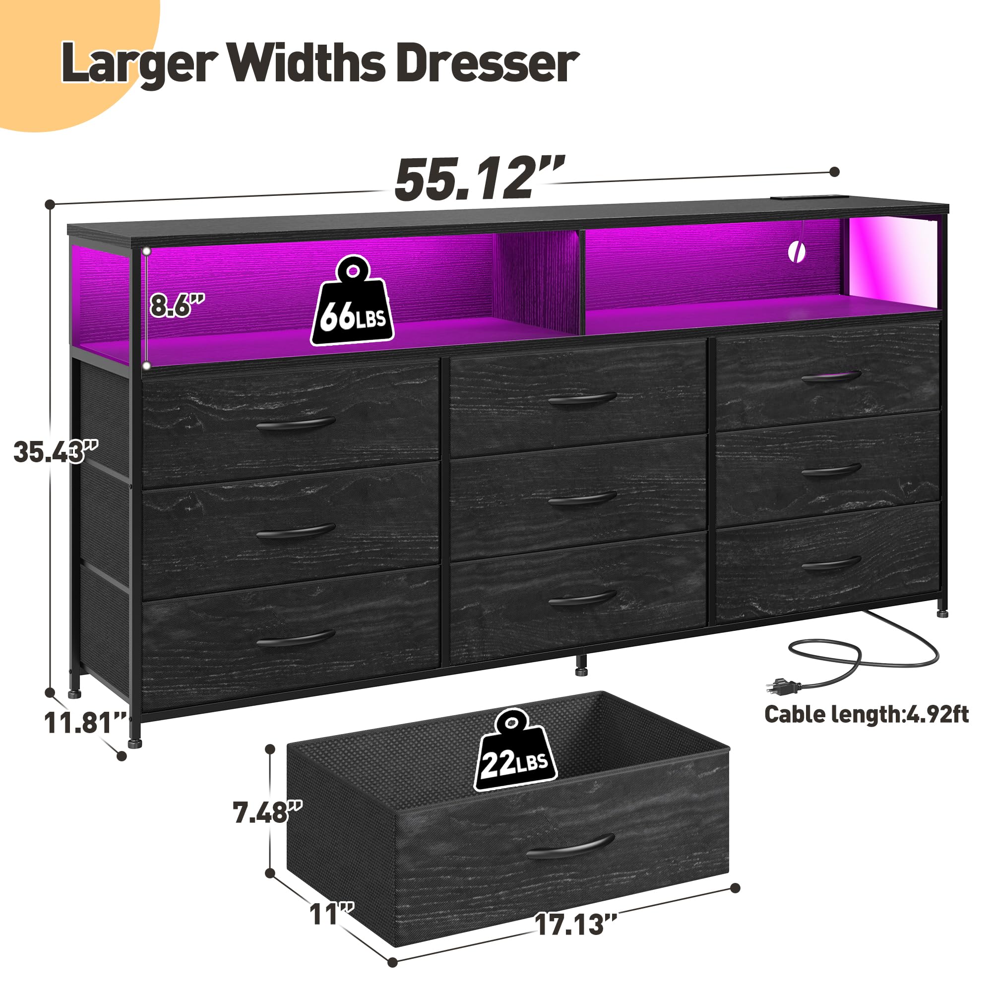 EnHomee 55” W Dresser, Black Dresser for Bedroom with Power Outlet & LED Lights 65" TV Stand for Bedroom Dresser with 9 Fabric Drawers, Sturdy Dressers for Bedroom, Closet, Entryway