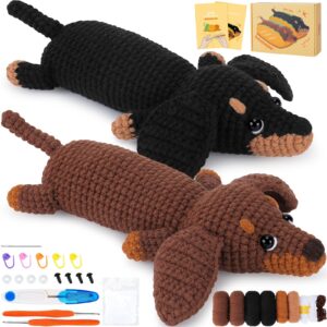 crochet kit for beginners - 2 pcs dachshund crochet kit with step-by-step video tutorials, beginner crochet kit for adults, crochet animal kit for kids, dog crocheting set (brown & black)