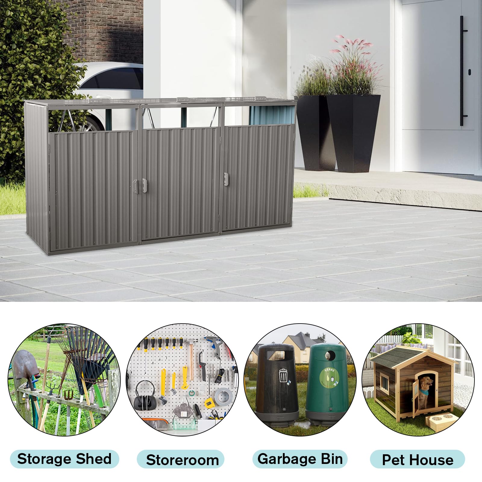 Garbage Bin Shed Stores 3 Trash Cans - Outdoor Metal Bin Storage for Garden, Yard, and Lawn - Stainless Galvanized Steel with Easy Access Lids and Doors - Bin Hider for Trash Can Organization