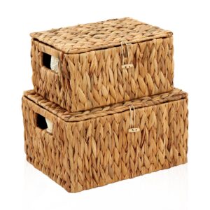 edergoo wicker basket with lid, water hyacinth storage baskets for shelves, large & small wicker storage basket with lid and built-in handles, hand woven wicker baskets for storage 2 pack