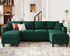 belffin u shaped sectional sofa velvet convertible sofa with reversible chaises sectional couches with ottomans for living room (green)…