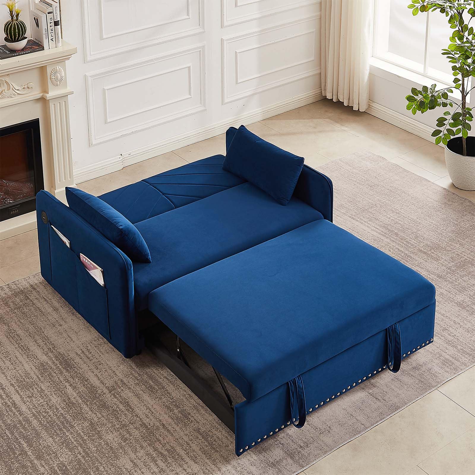 Antetek Sleeper Sofa Bed w/USB Port, Modern 3-in-1 Convertible Upholstered Velvet Loveseat Sofa w/Pull Out Bed, Small Futon Couch with Adjustable Backrest for Living Room Small Space Apartment, Blue