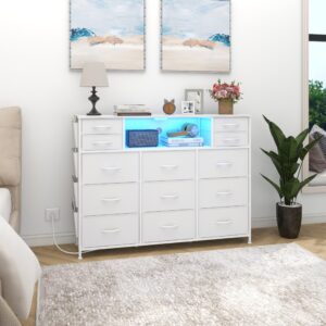 Simoretus Dresser with Charging Station and LED Light Wide Dresser with 13 Fabric Drawers for Bedroom Side Pockets Chest of Drawers Open Shelf Storage Organizer for Living Room (White)