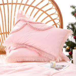 Rvciby Boho Flower Duvet Cover Queen Size Girl,Soft Microfiber Bedding Set with Tassel and Tufted Pattern,3 Pieces,1 Duvet Cover with Zipper Closure &Corner Ties and 2 Pillow Shams,90X90 Inches (Pink)