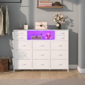 Simoretus Dresser with Charging Station and LED Light Wide Dresser with 13 Fabric Drawers for Bedroom Side Pockets Chest of Drawers Open Shelf Storage Organizer for Living Room (White)