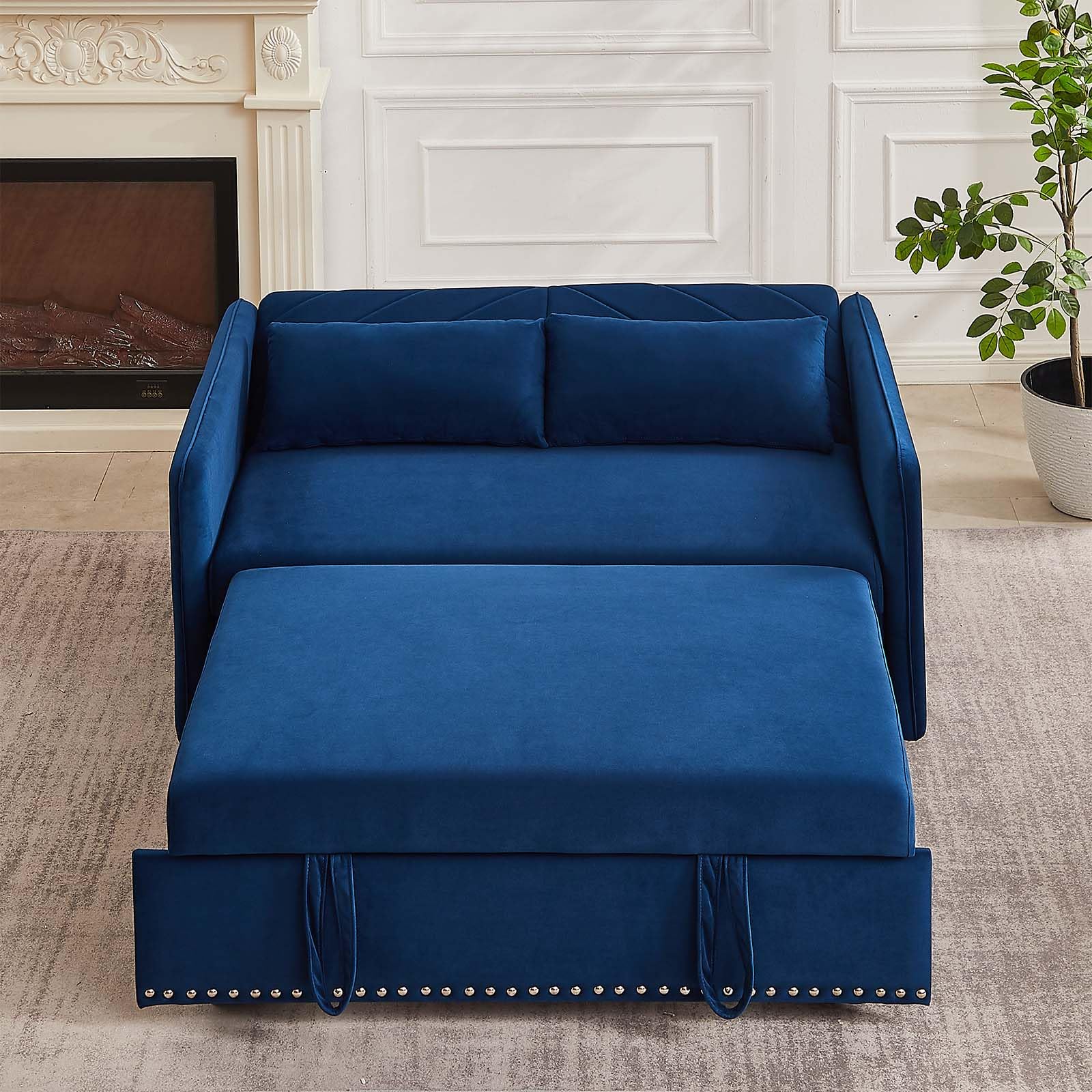 Antetek Sleeper Sofa Bed w/USB Port, Modern 3-in-1 Convertible Upholstered Velvet Loveseat Sofa w/Pull Out Bed, Small Futon Couch with Adjustable Backrest for Living Room Small Space Apartment, Blue