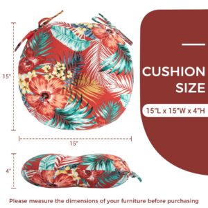 IN4 Care Outdoor Bistro Chair Cushion Set of 2, Waterproof Tufted Round Seat Cushion with Ties, 15"x15"x4" Patio Furniture Chair Pads for Home Garden Balcony Office-Chili Red Floral