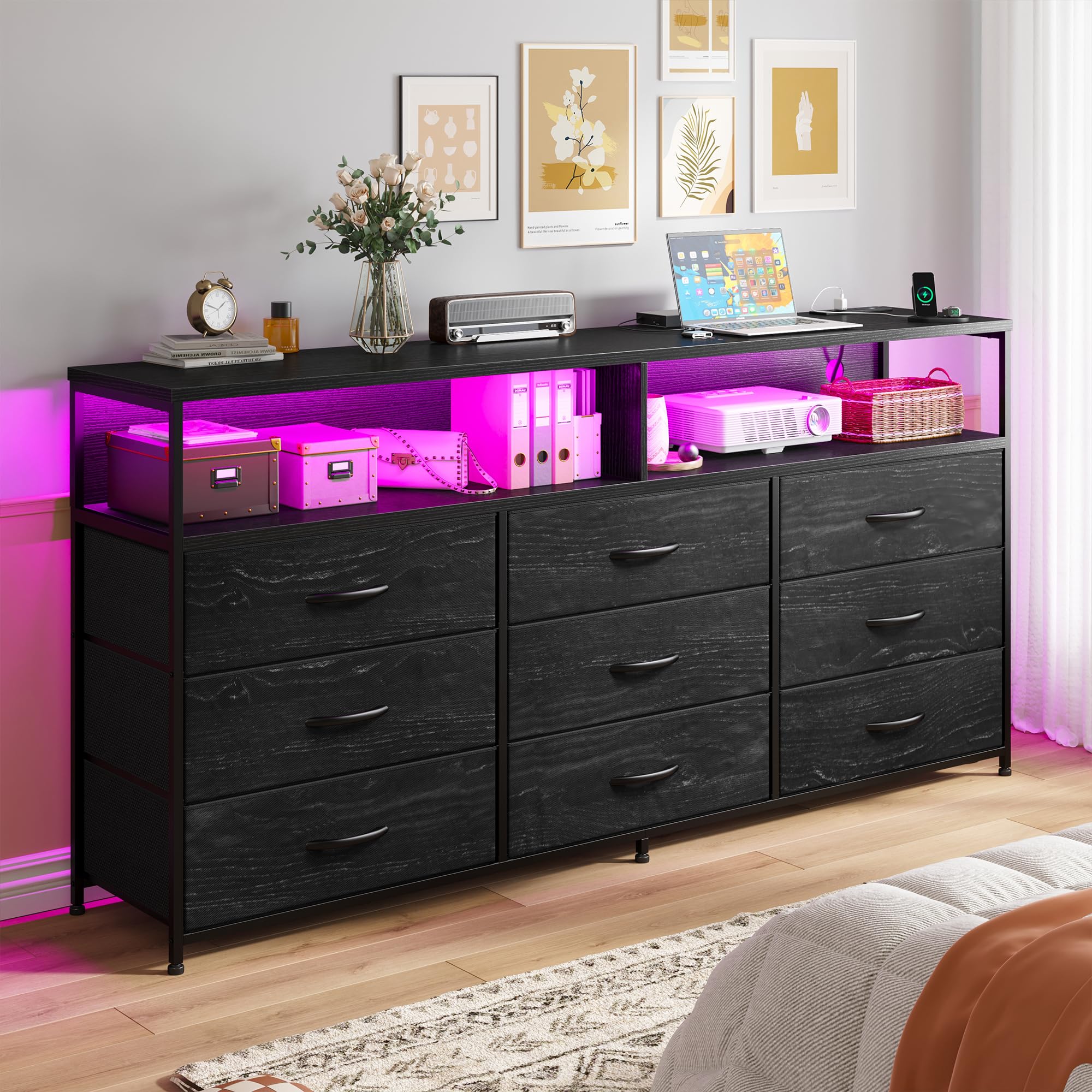 EnHomee 55” W Dresser, Black Dresser for Bedroom with Power Outlet & LED Lights 65" TV Stand for Bedroom Dresser with 9 Fabric Drawers, Sturdy Dressers for Bedroom, Closet, Entryway