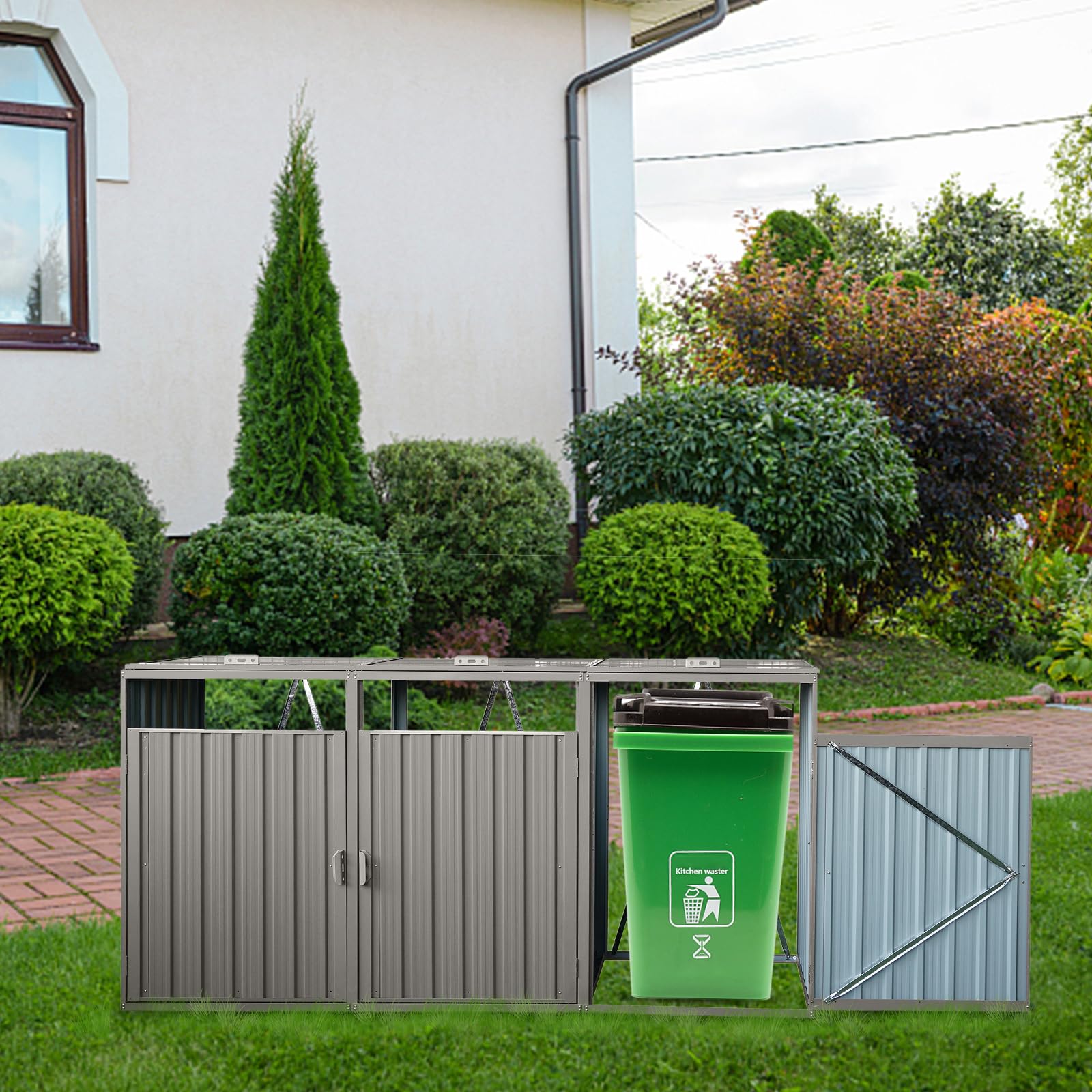 Garbage Bin Shed Stores 3 Trash Cans - Outdoor Metal Bin Storage for Garden, Yard, and Lawn - Stainless Galvanized Steel with Easy Access Lids and Doors - Bin Hider for Trash Can Organization