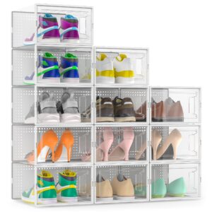 secret space 12 pack x large shoe storage organizer for closet, modular space saving shoe boxes clear plastic stackable containers display case bins with lids, shoe rack for sneaker storage, white