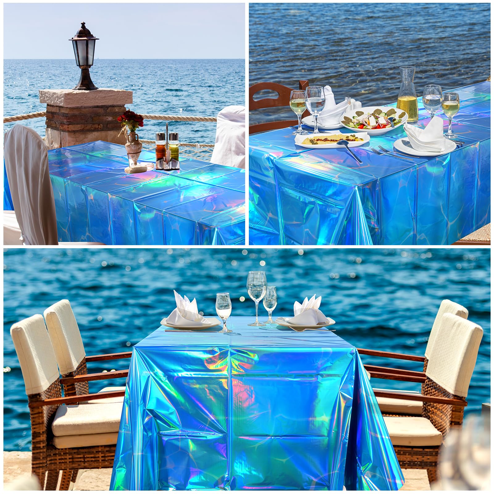 YIDAKO 3 Pack Ocean Tablecloths Iridescent Plastic Disposable Table Cloth Rectangle Water Wave Table Covers for Under Sea Ocean Pool Beach Party Decorations, 54 x 108Inch