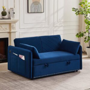 antetek sleeper sofa bed w/usb port, modern 3-in-1 convertible upholstered velvet loveseat sofa w/pull out bed, small futon couch with adjustable backrest for living room small space apartment, blue