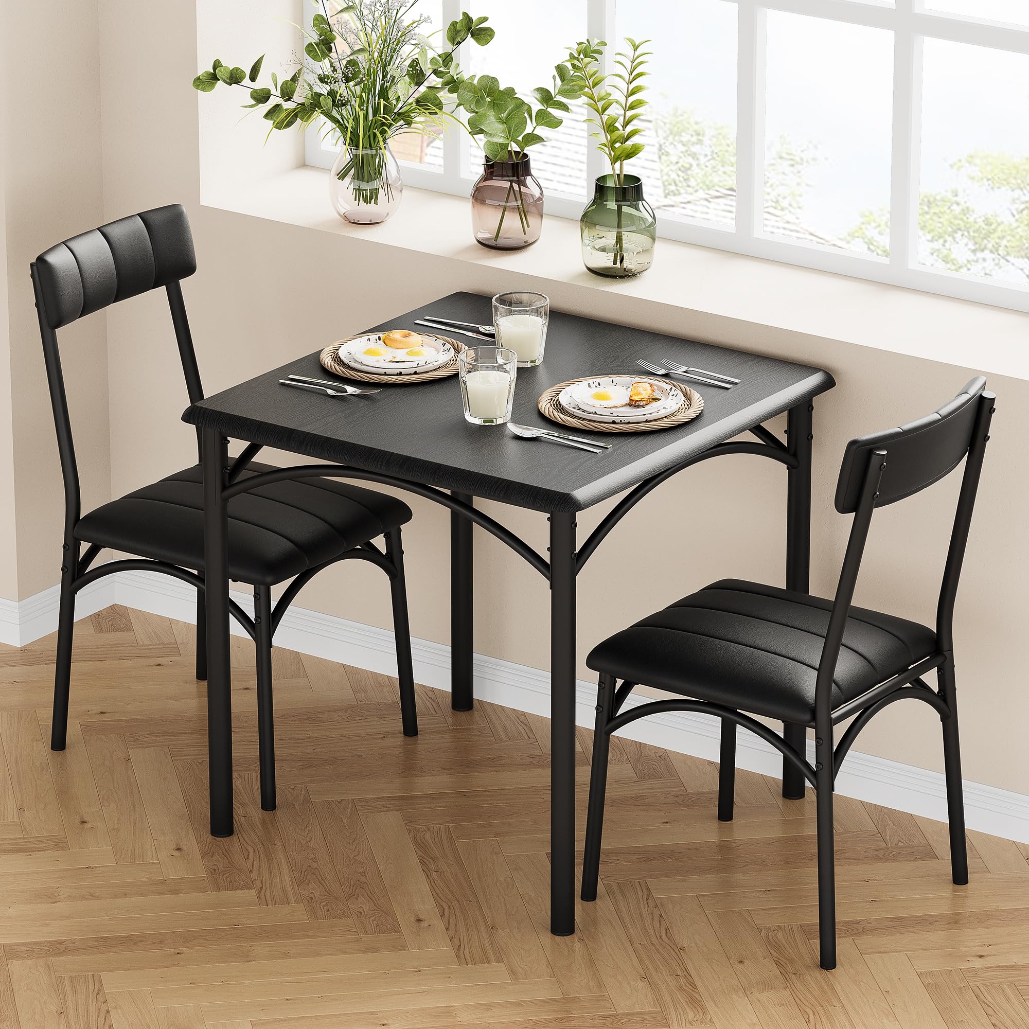 Amyove Kitchen Table and Chairs for 2, Square Dining Room Table Set with 2 Upholstered Chairs, 3 Piece Kitchen Table Set for Small Space, Apartment, Rustic Black