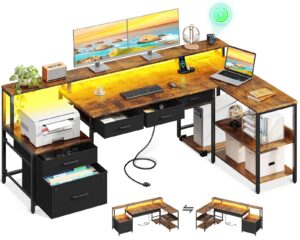 aodk l shaped desk with 5 file drawers, 66" reversible l shaped computer desk with power outlet & led strip, office desk with storage shelves, gaming desk with monitor shelf, corner desk, vintage