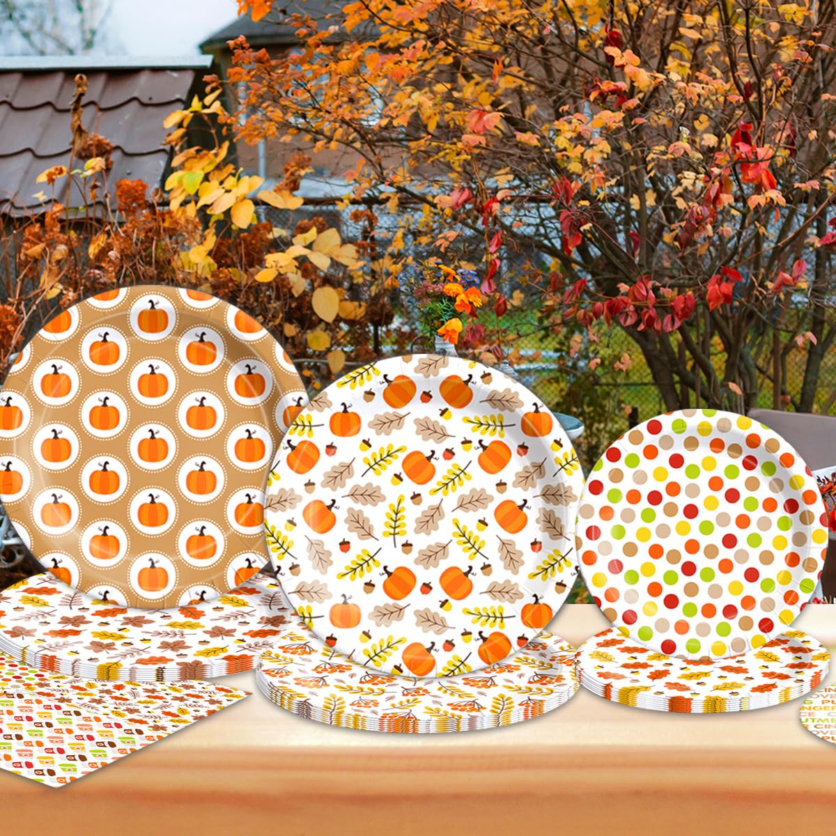 60Pcs Fall Plates and Napkins-Autumn Party Supplies Little Pumpkin Maple Leaf Dinnerware Kit for Thanksgiving,Birthday,Baby Shower