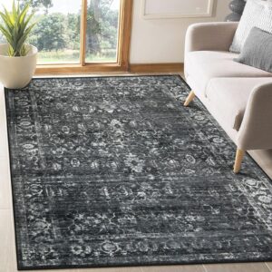 morebes vintage washable rugs for living room, black 5x7 area rugs for bedroom non-slip indoor rug, soft distressed retro floral carpet for entrance apartment dorm dining home decor