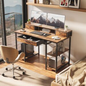 Treesland 47" Computer Desk with Monitor Shelf, Multifunctional Dual Tiers Office Desk, Sturdy Home Office Gaming Desk, Brown