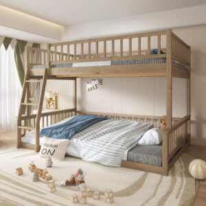 harper & bright designs full xl over queen bunk bed, floor bunk bed wood frame with ladder and guardrails, for kids teens adults - walnut