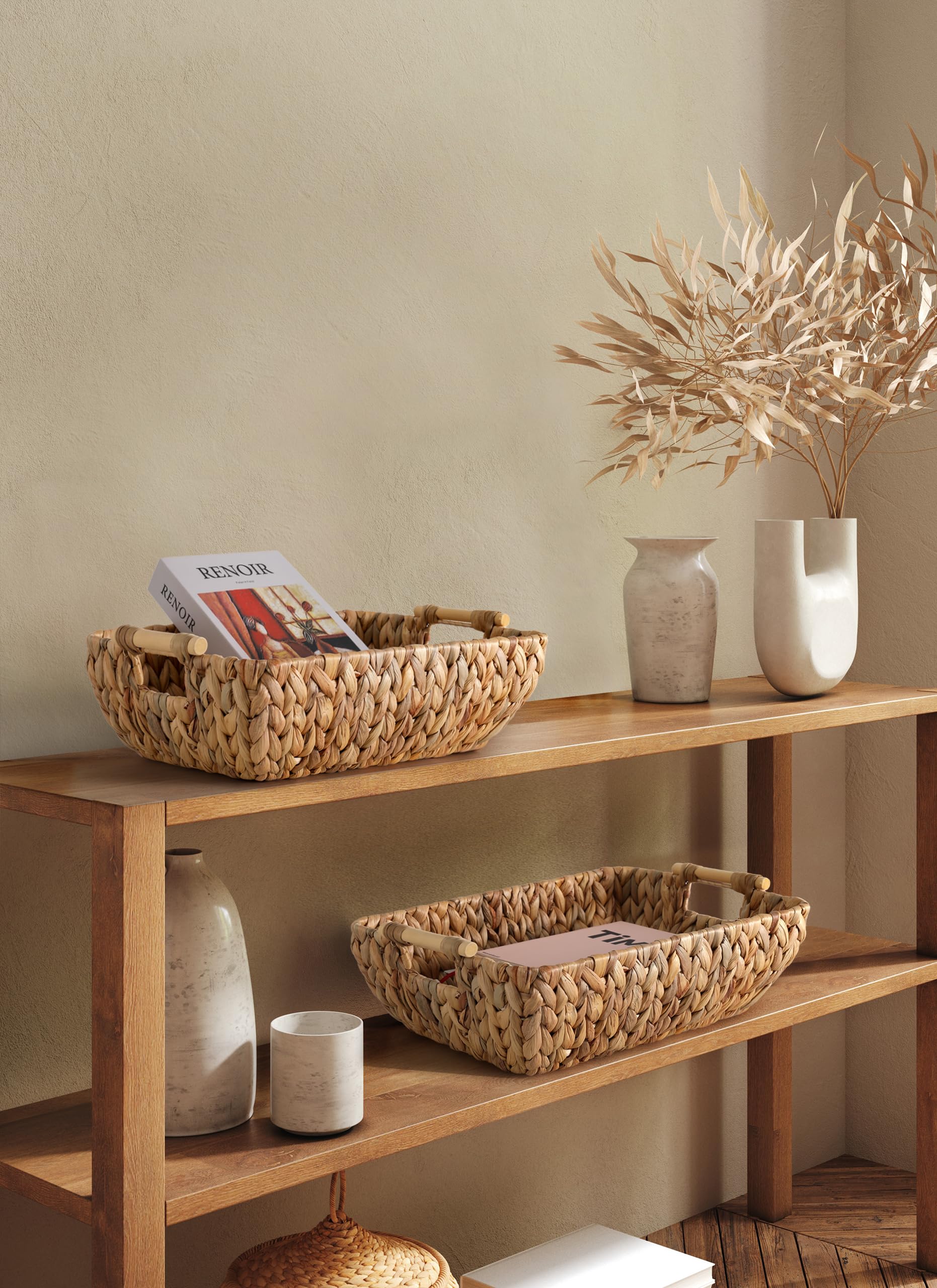 Water Hyacinth Storage Baskets with Wooden Handles，Large Wicker Baskets for Organizing Set of 2