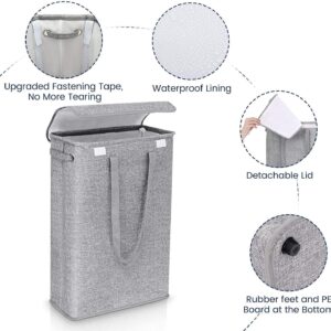 CHUBARIY Ultra-Thin Laundry Hamper with Lid, Tall Thin Waterproof Lined Narrow Dirty Clothes Hamper with Handle, Suitable for Bathroom, Bedroom, Dormitory to Organize and Store Clothes, Grey