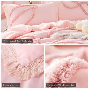 Rvciby Boho Flower Duvet Cover Queen Size Girl,Soft Microfiber Bedding Set with Tassel and Tufted Pattern,3 Pieces,1 Duvet Cover with Zipper Closure &Corner Ties and 2 Pillow Shams,90X90 Inches (Pink)