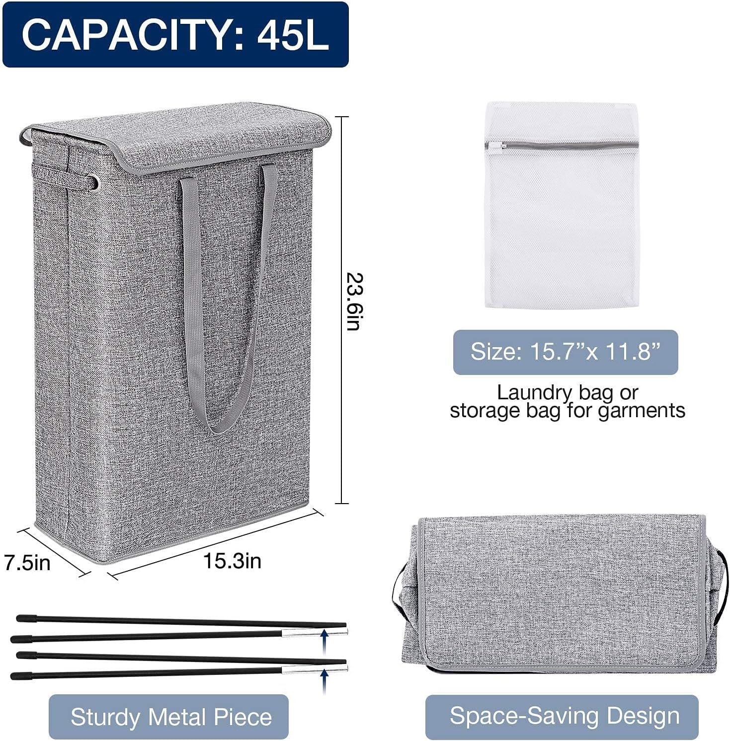 CHUBARIY Ultra-Thin Laundry Hamper with Lid, Tall Thin Waterproof Lined Narrow Dirty Clothes Hamper with Handle, Suitable for Bathroom, Bedroom, Dormitory to Organize and Store Clothes, Grey