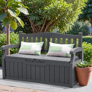 Greesum 70 Gallon Outdoor Storage Bench, Resin Patio Furniture with Armrest,Waterproof and Durable, Perfect to Garden, Poolside and Lawn,Grey