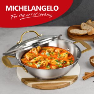 MICHELANGELO Stainless Steel Pan - 9.5 Inch Everyday Pan with Lid, 2.5 Quart Stainless Steel Kadai with Riveted Handle, All Cooktops Compatible, Oven & Dishwasher Safe